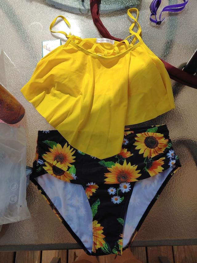 [44% OFF] 2020 Cut Out Sunflower Overlay Tankini Set In BLACK | DressLily